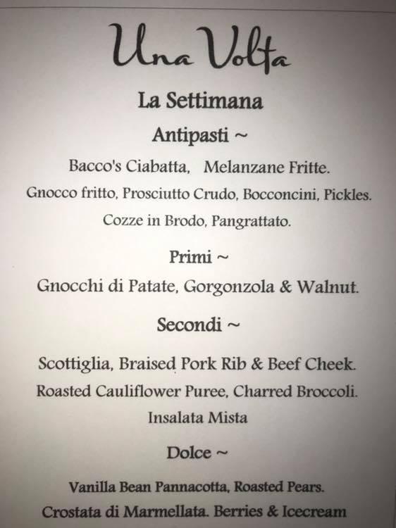 Menu at Una Volta restaurant, Newcastle