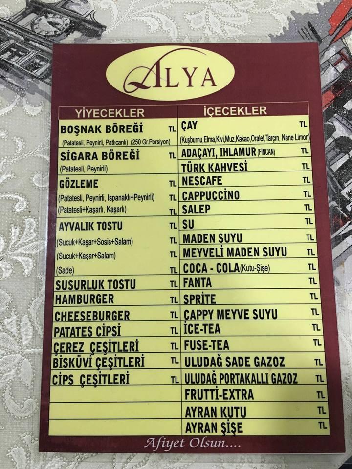 Carta de Alya Cafe Çay Bahçesi, Edremit