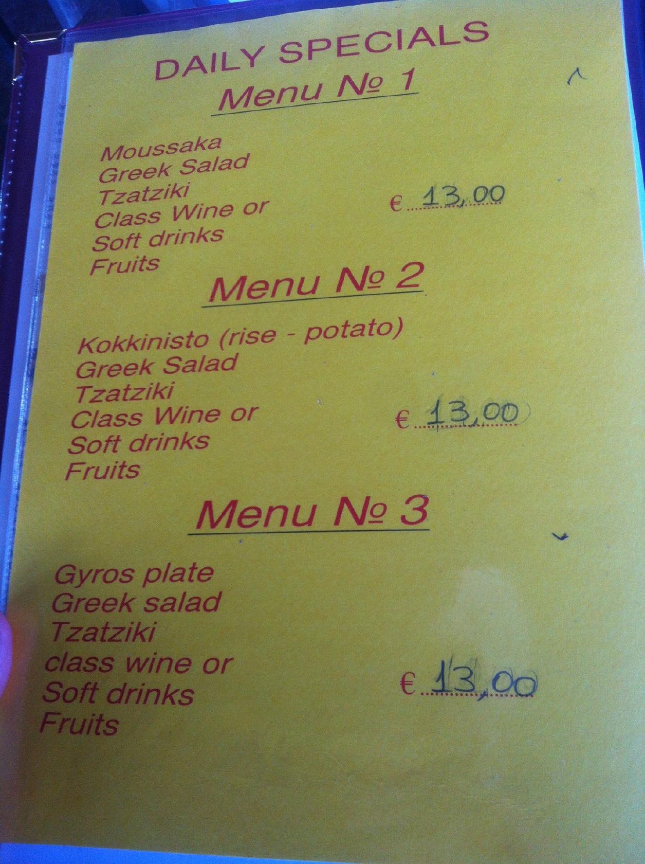 Menu at Amalia Taverna, Apolakkia