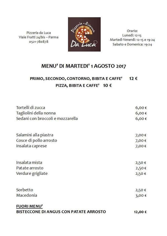 Speisekarte von Da Luca pizza, Parma