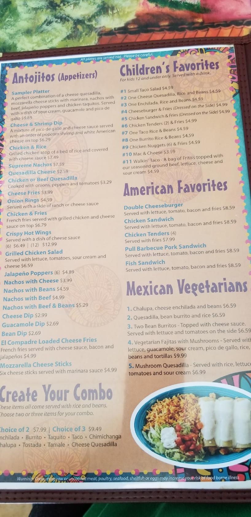 Menu at El Compadre restaurant, Mitchell