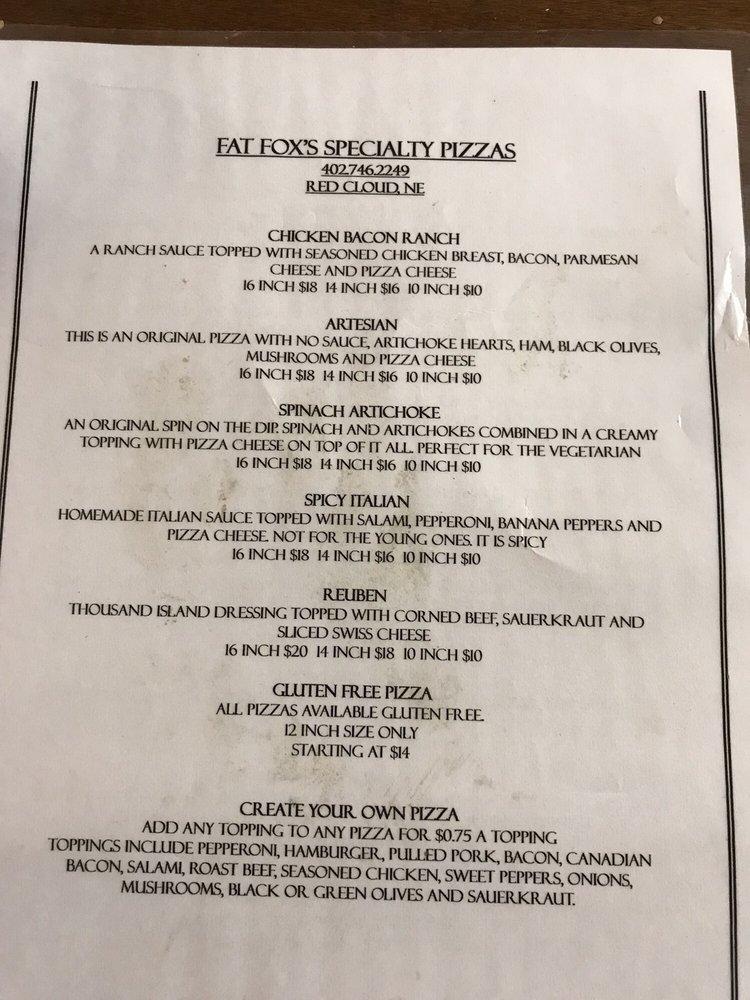 Menu at Fat Fox's pizzeria, Red Cloud