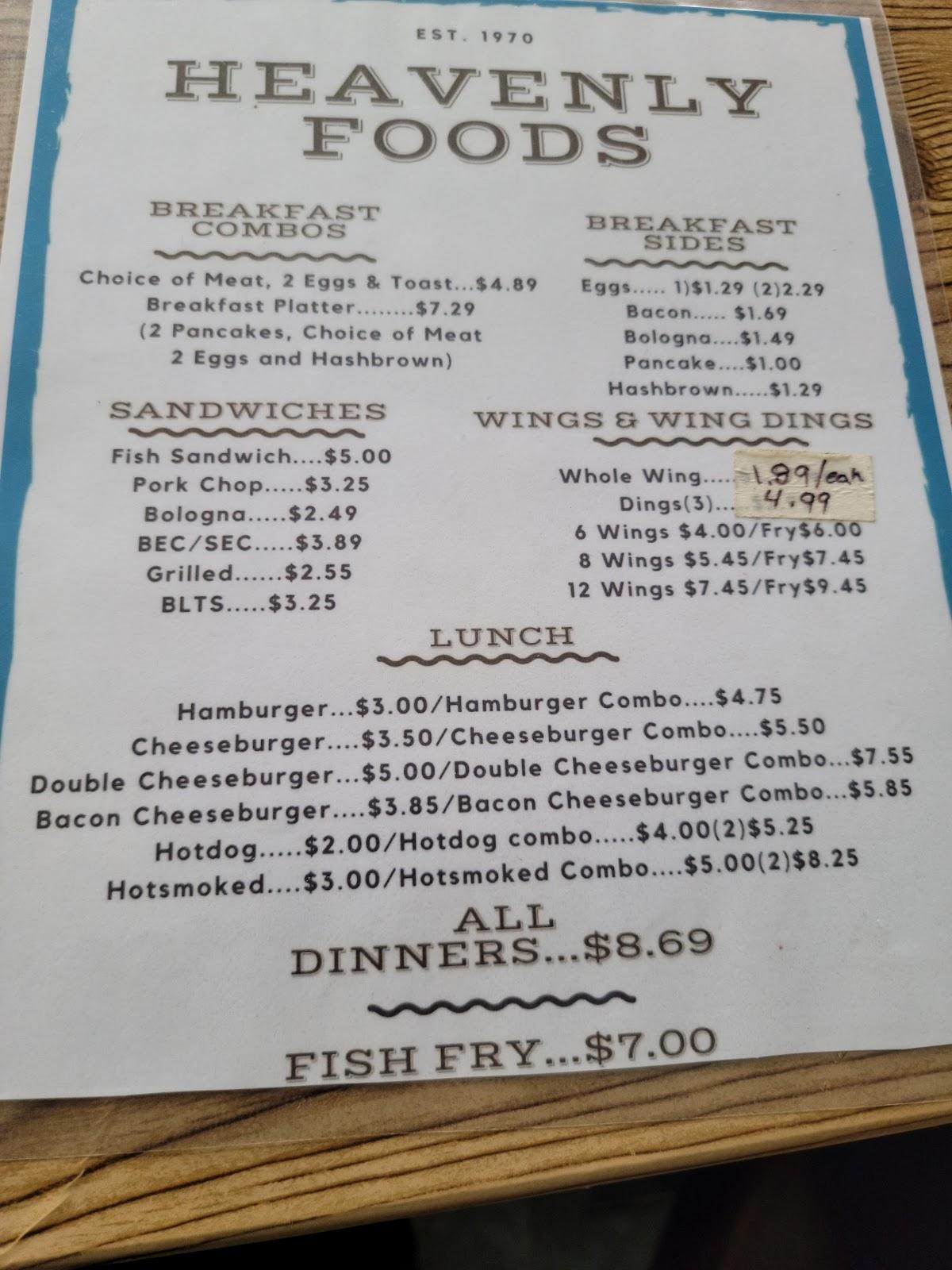 Menu at Heavenly Foods restaurant, Roanoke
