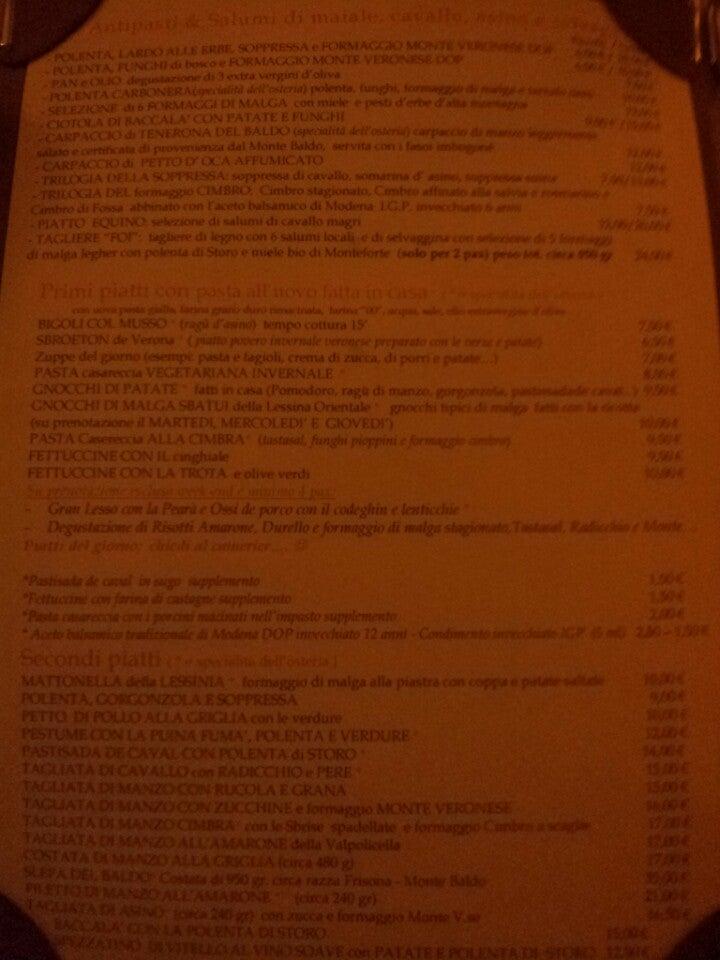 Menu at Osteria Verona Antica restaurant, Verona, Via Sottoriva