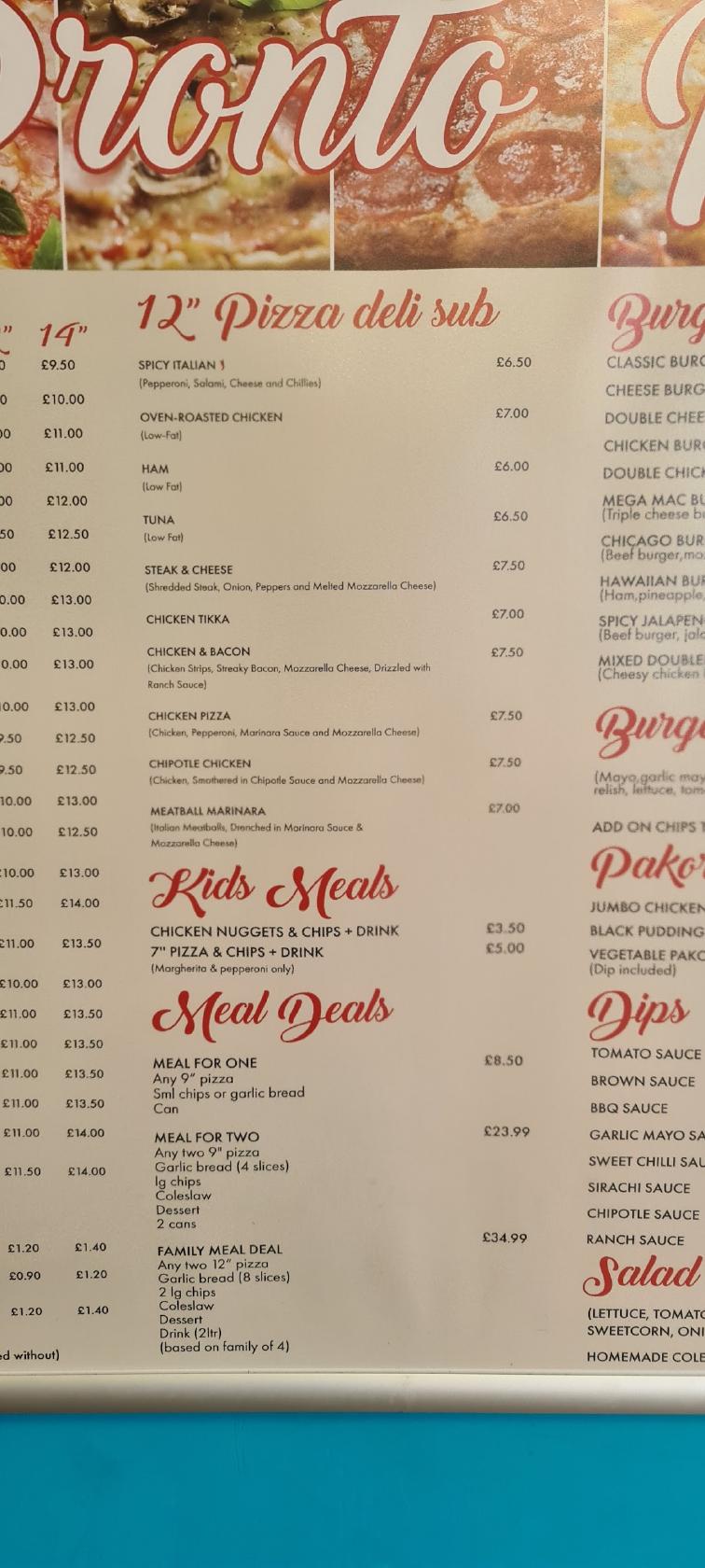 Menu at Pronto Pizzas restaurant, Stornoway