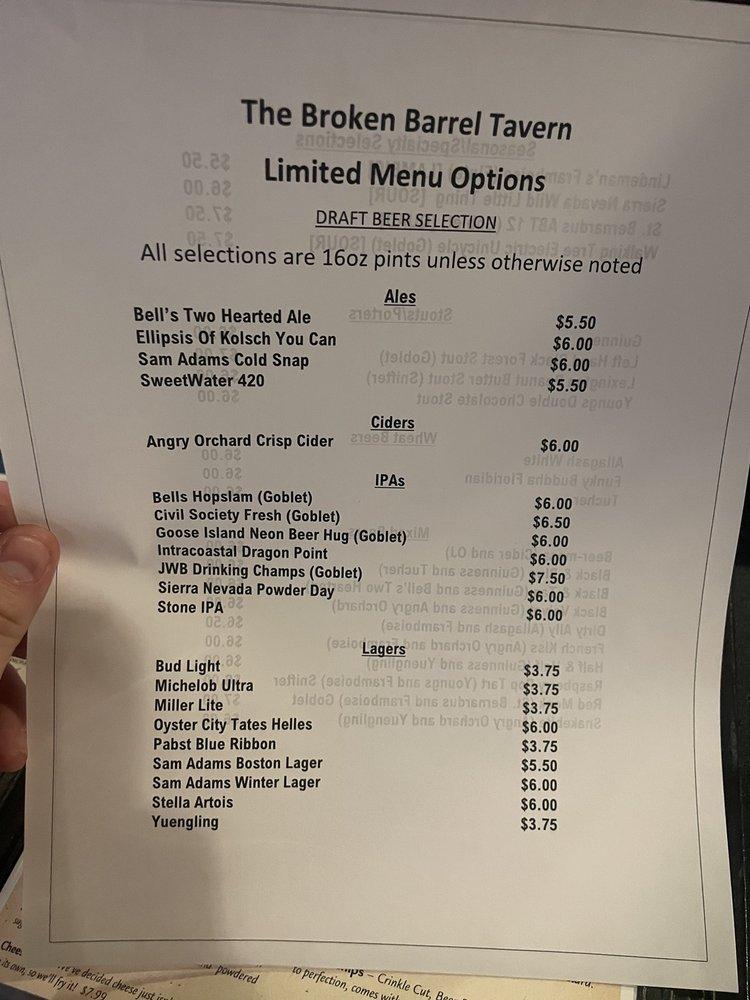 Menu at The Broken Barrel Tavern, Palm Bay