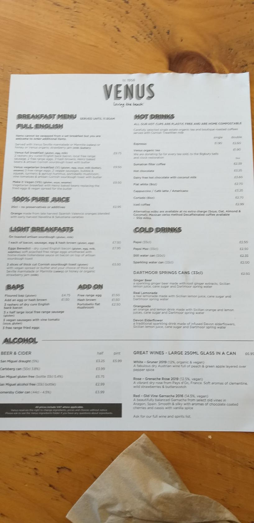Menu at The Venus Cafe Broadsands, Paignton