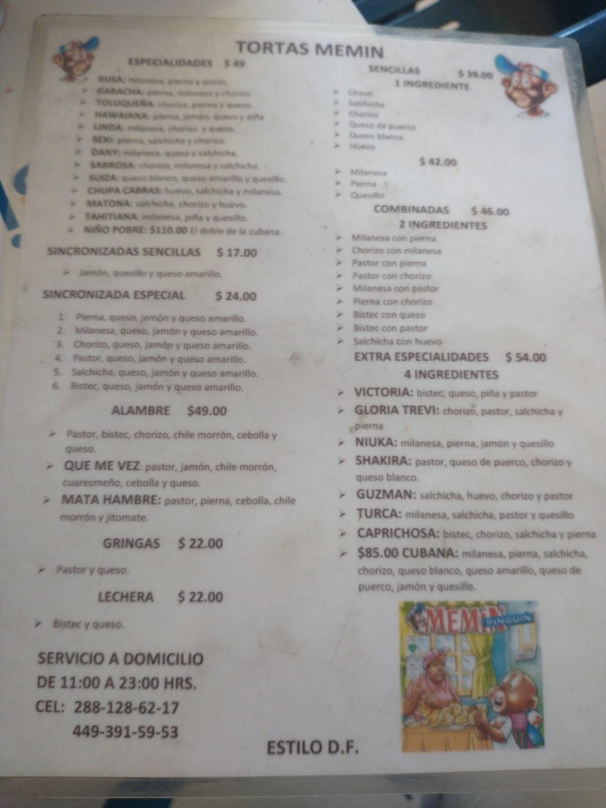 Carta del restaurante Tortas Memin, Aguascalientes