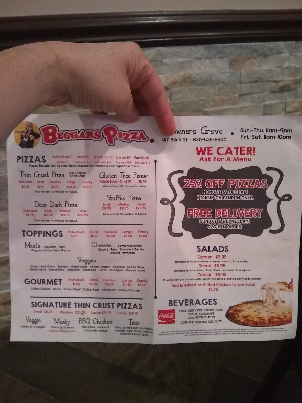 Menu at Beggars Pizza pizzeria, Downers Grove