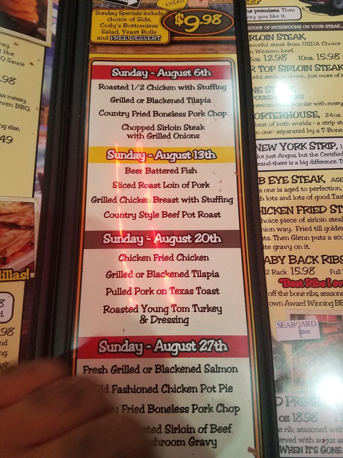Menu at Cody's Original Roadhouse - Sebring pub & bar, Sebring