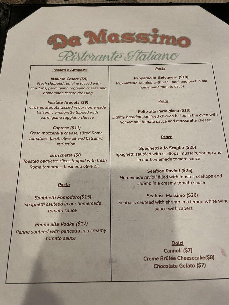 Menu at Da Massimo Ristorante Italiano restaurant, Florence, 821 S Irby St