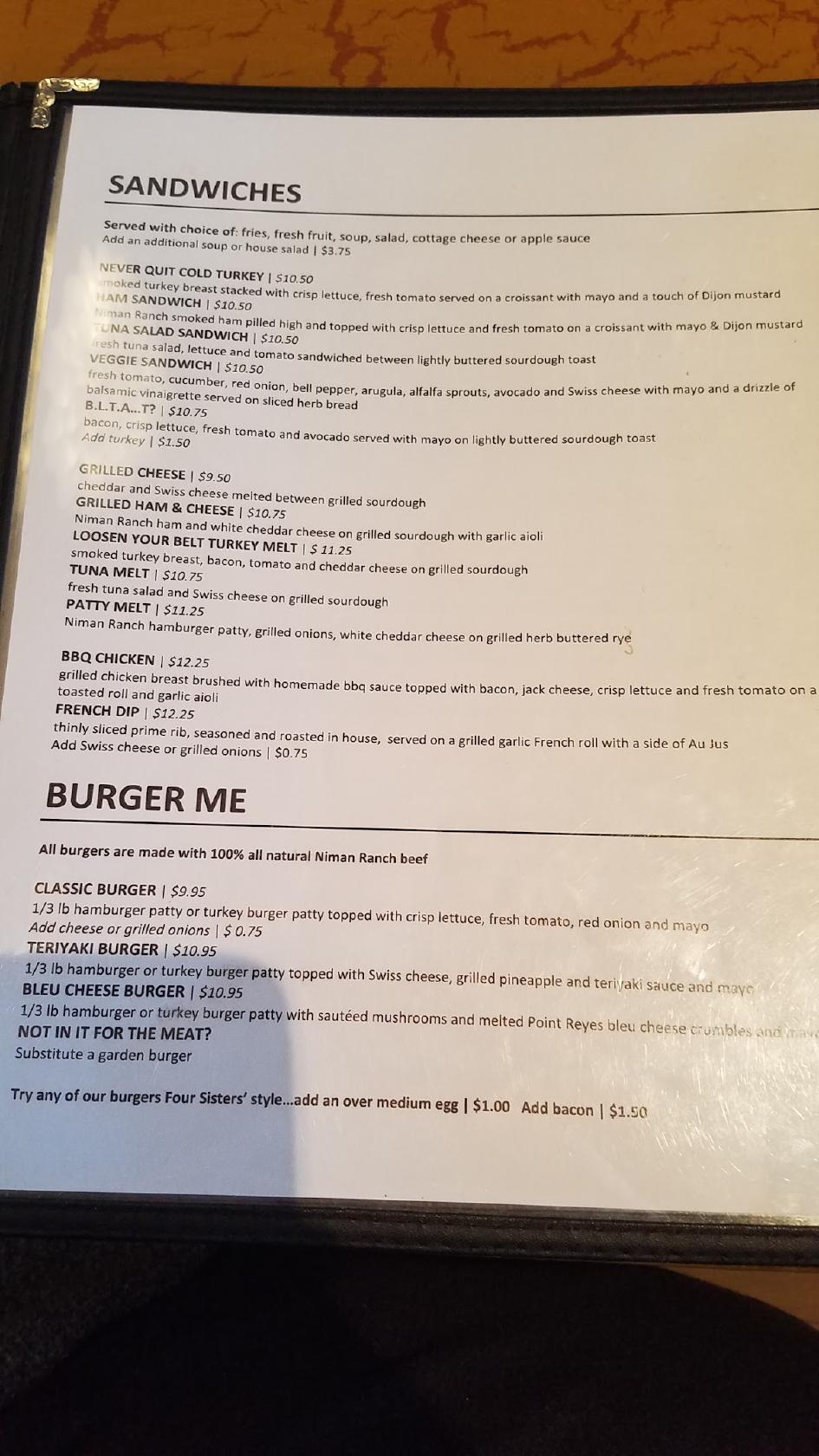 Menu at Four Sisters Cafe, Roseville