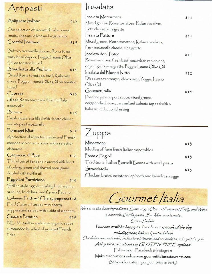 Menu at Gourmet Italia restaurant, Temecula, Ynez Rd