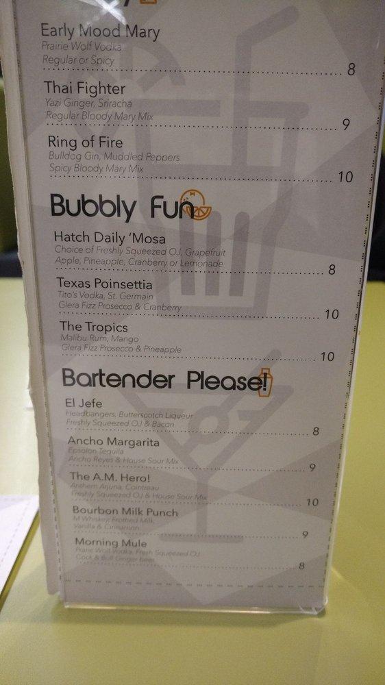 Menu at Hatch Early Mood Food pub & bar, Oklahoma City, 1101 N Broadway Ave
