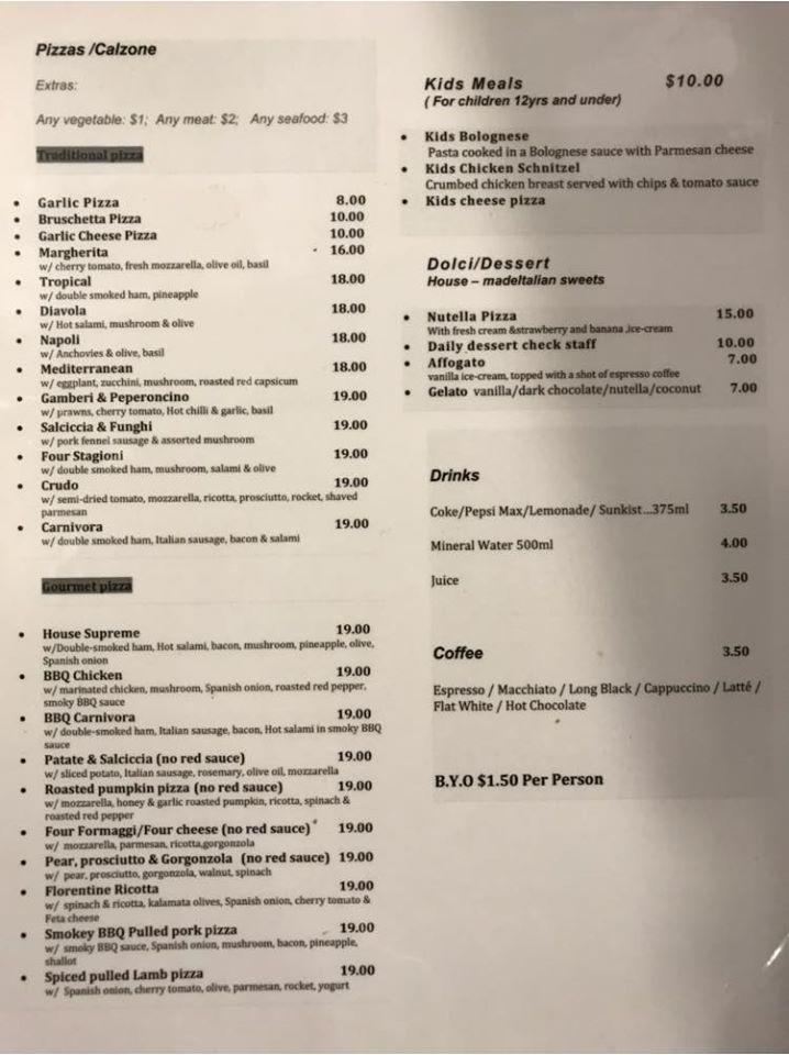 Menu at il lago pizzeria, Mount Warrigal