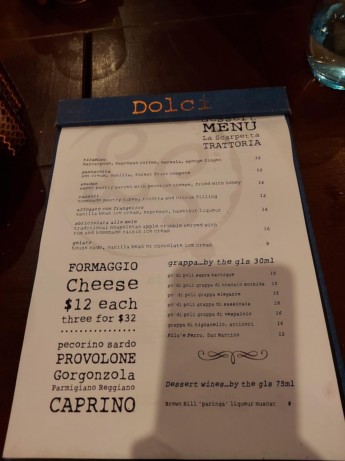 Menu at La Scarpetta Trattoria restaurant, Margaret River