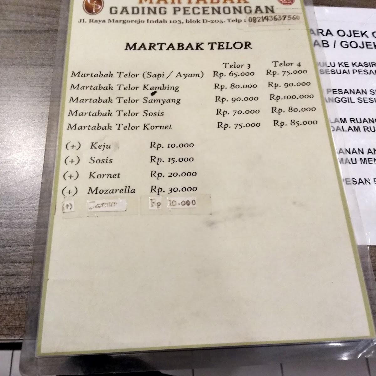 Menu at Martabak Gading Pecenongan, Surabaya, Jl. Margorejo Indah No.10