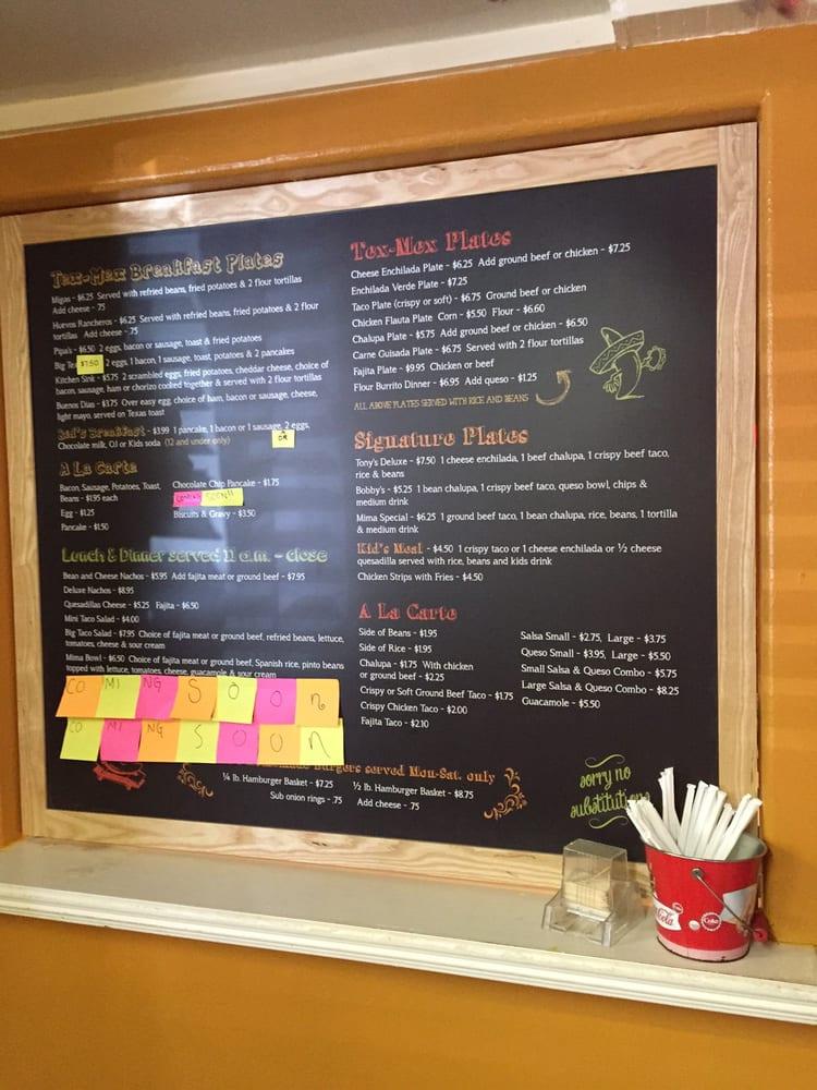 Menu at Mima's Tacos restaurant, Wimberley