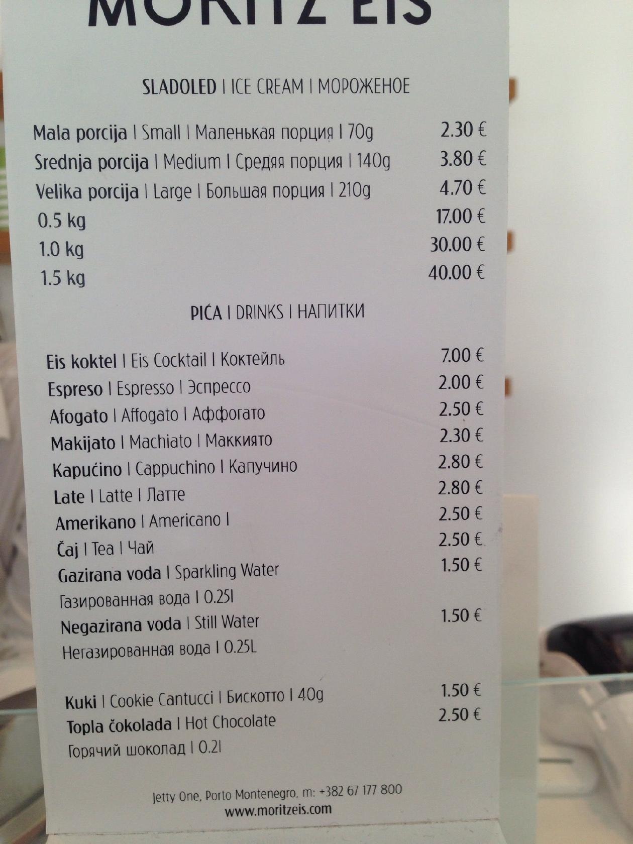 Menu at Moritz Eis restaurant, Tivat