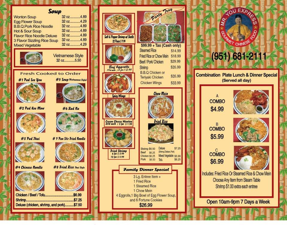 Menu at Mr You Chinese Food restaurant, Riverside, Mission Boulevard