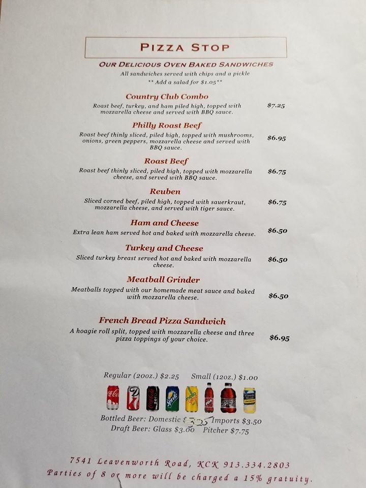 Menu at Pizza Stop pizzeria, Kansas City