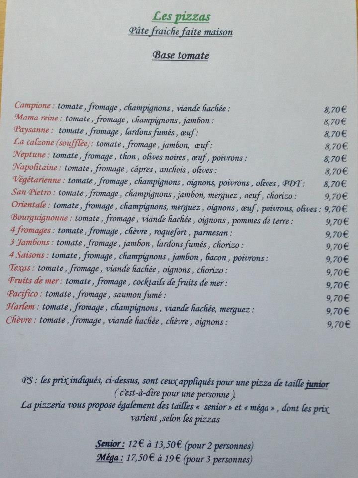 Menu at Pizzanini pizzeria, Albert