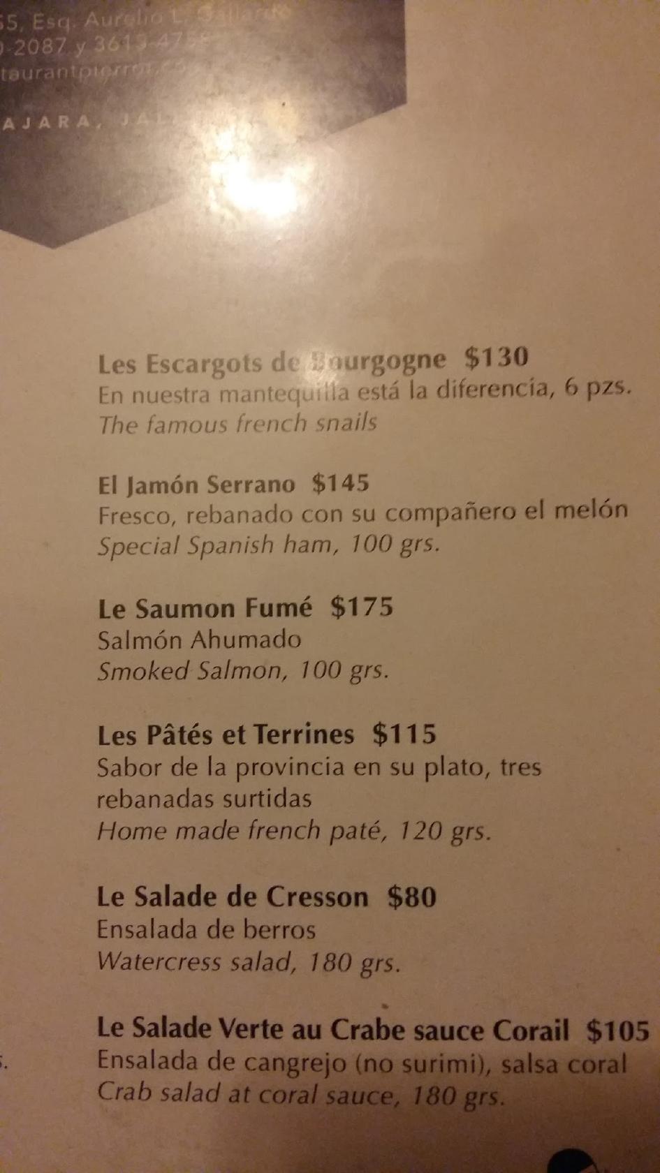 Menu at Restaurant Pierrot, Guadalajara