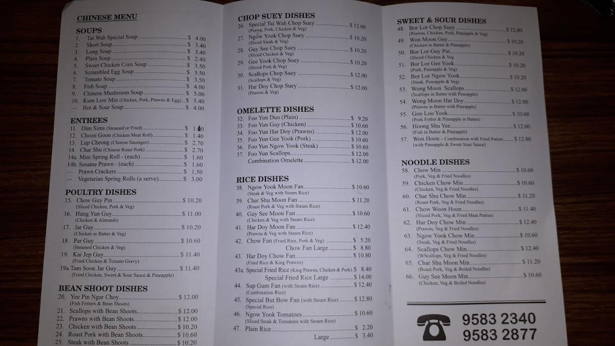 Menu at Tai Wah fast food, Mentone