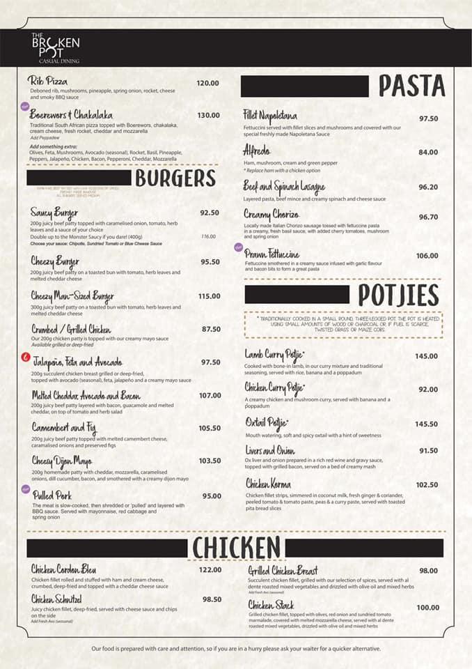 Menu at The Broken Pot restaurant, Potchefstroom