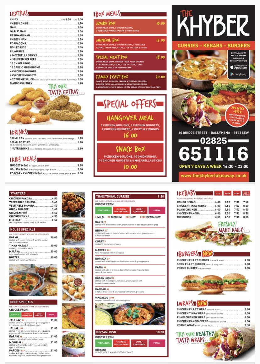Menu at The Khyber Takeaway cafe, Ballymena