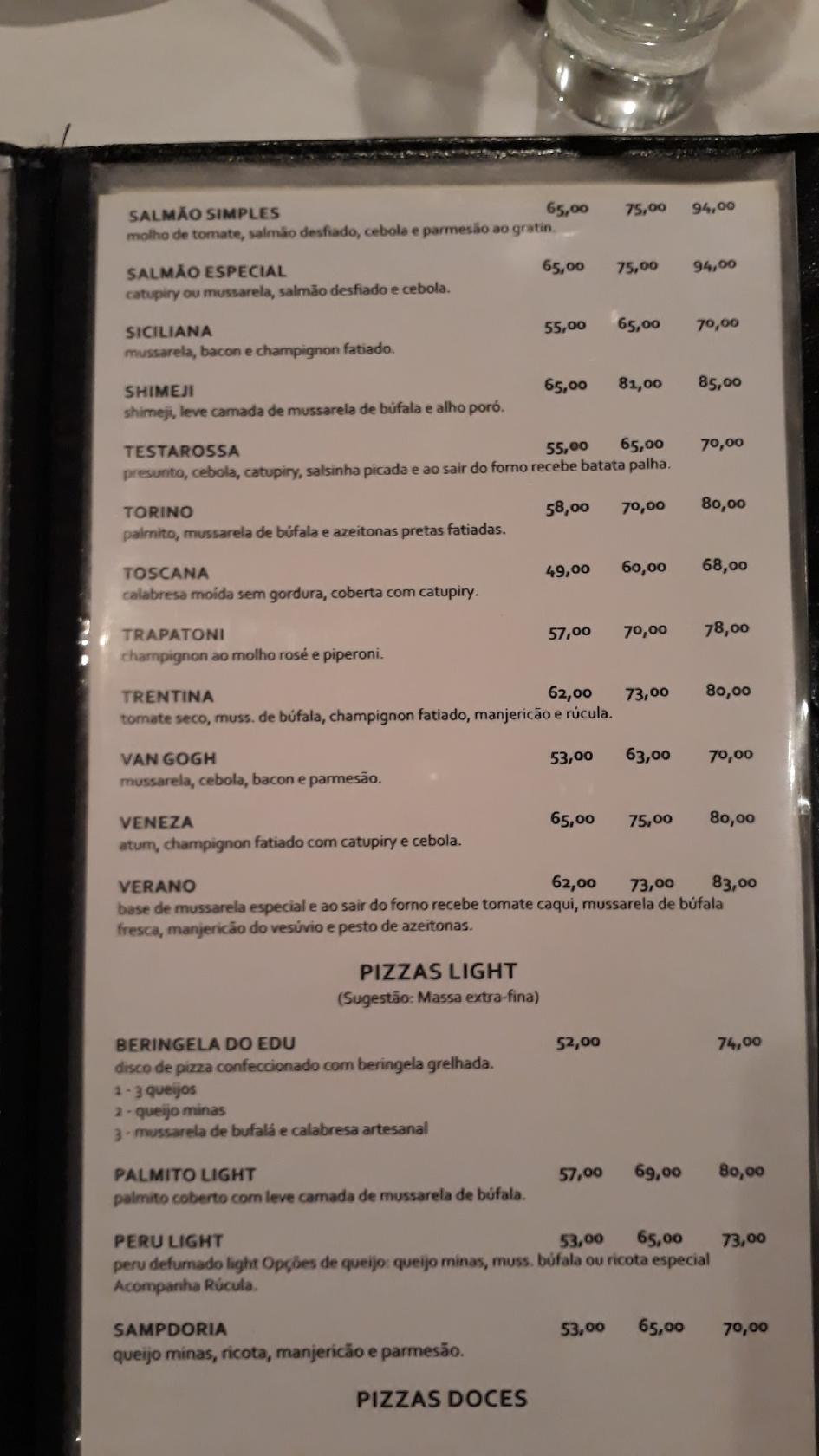 Menu at Van Gogh pizzeria, Santos