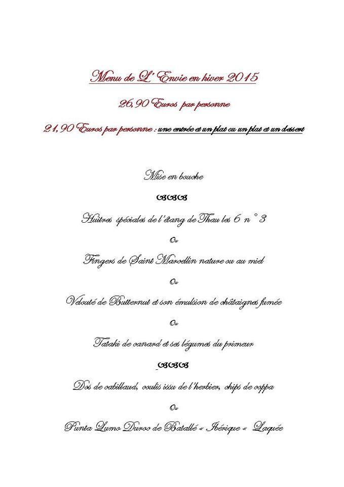 Menu at L'Envie restaurant, Agde