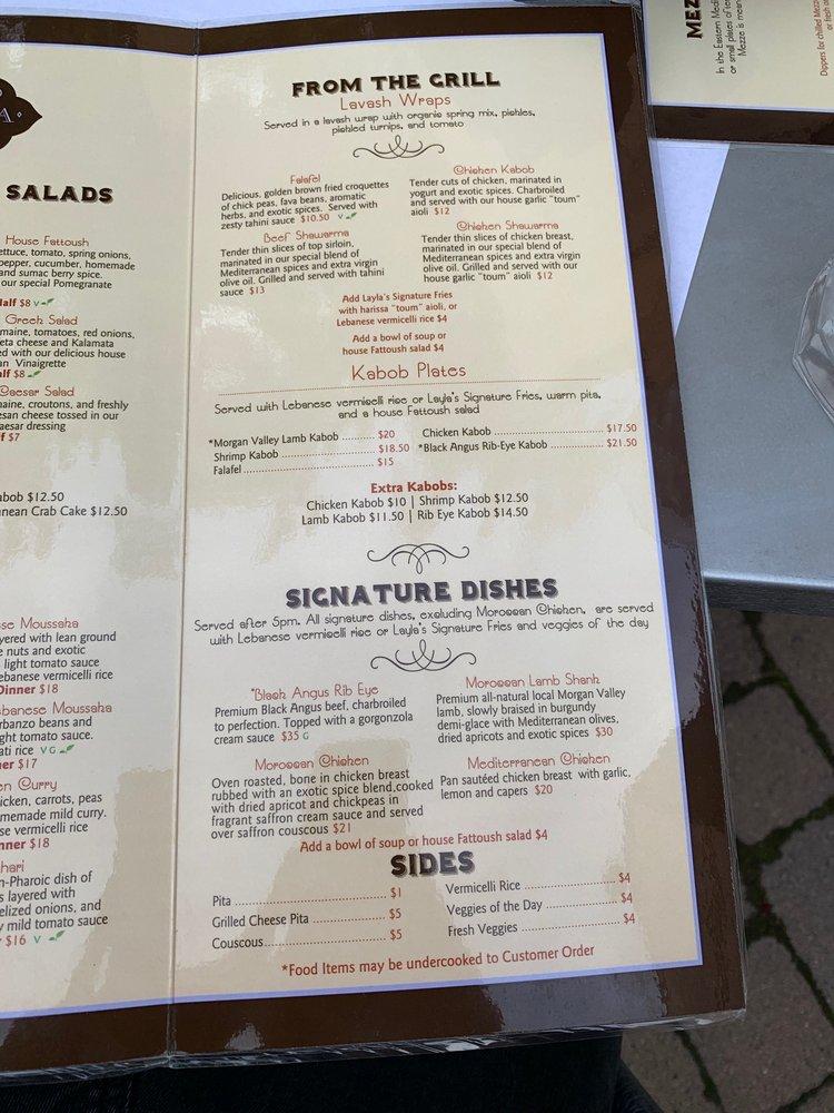 Menu at Layla Mediterranean Grill And Mezze pub & bar, Holladay