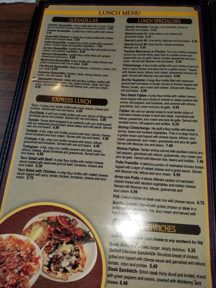 Menu at Los Compadres mexican restaurant, Fulton