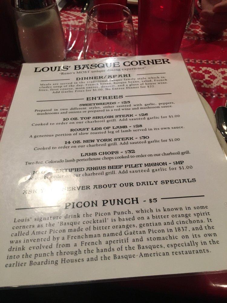 Menu at Louis' Basque Corner restaurant, Reno