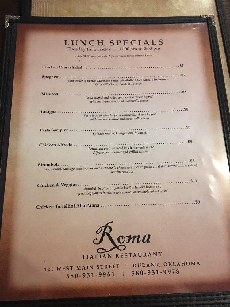 Menu at Roma restaurant, Durant, 121 W Main St