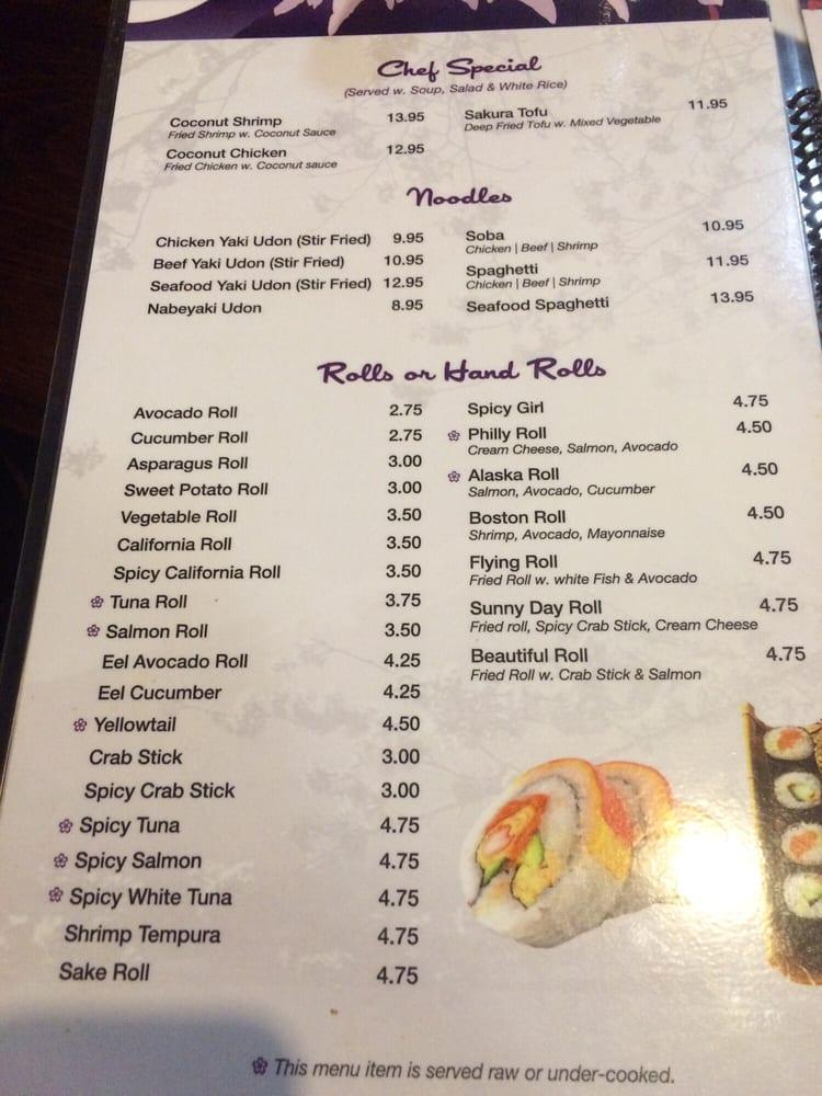 Menu at Sakura restaurant, Moyock