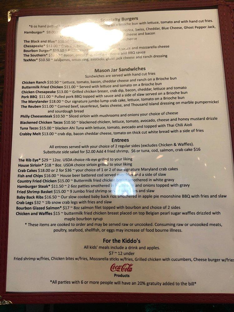 Menu at The Mason Jar pub & bar, Hillsville