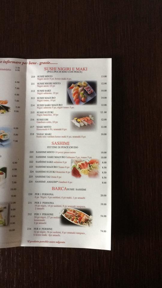 Menu da Sushi Giapponese Tokyo ristorante, Cecina