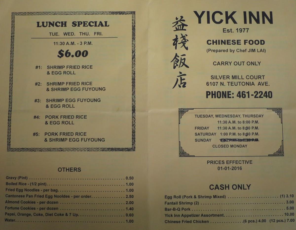 Menu at Yick Inn restaurant, Milwaukee