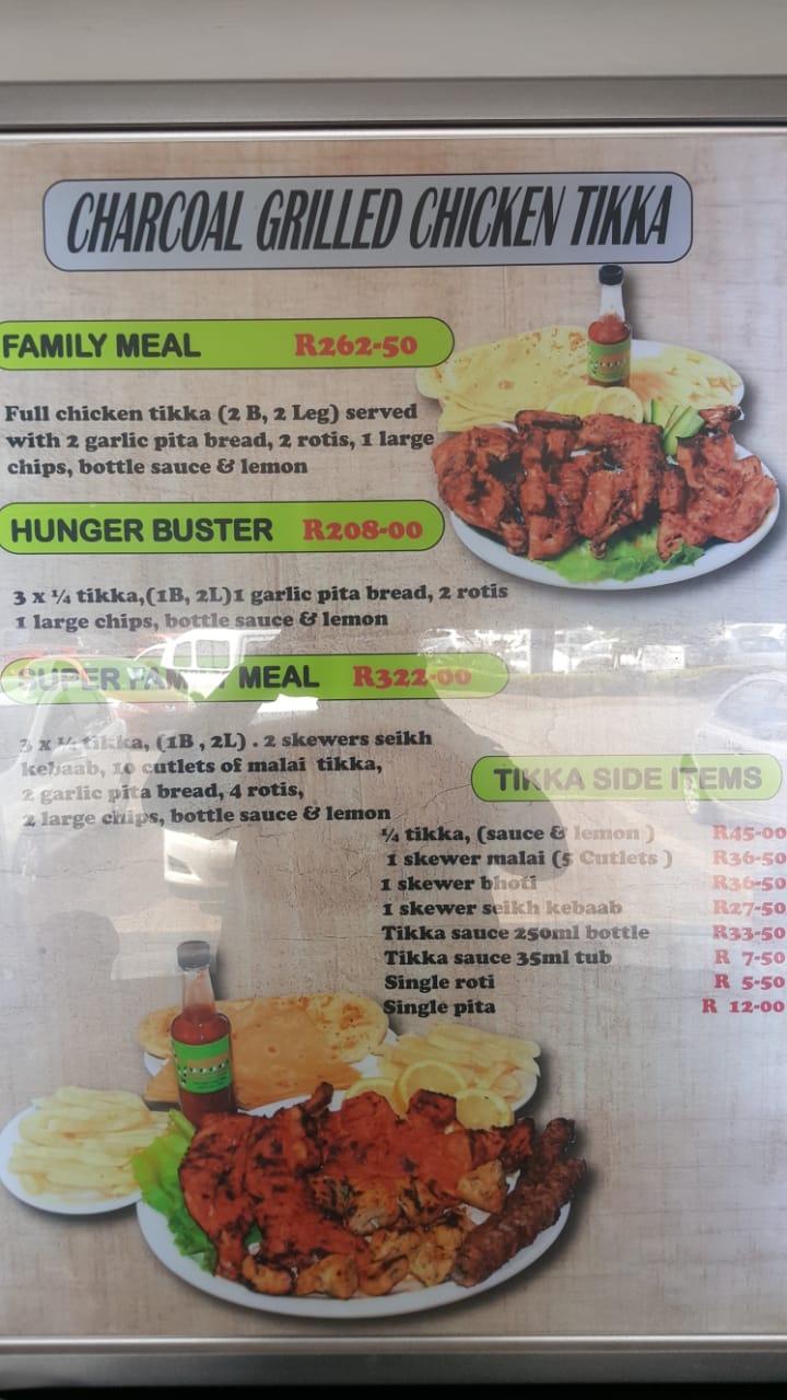 Menu at Al-Sameer's restaurant, Durban