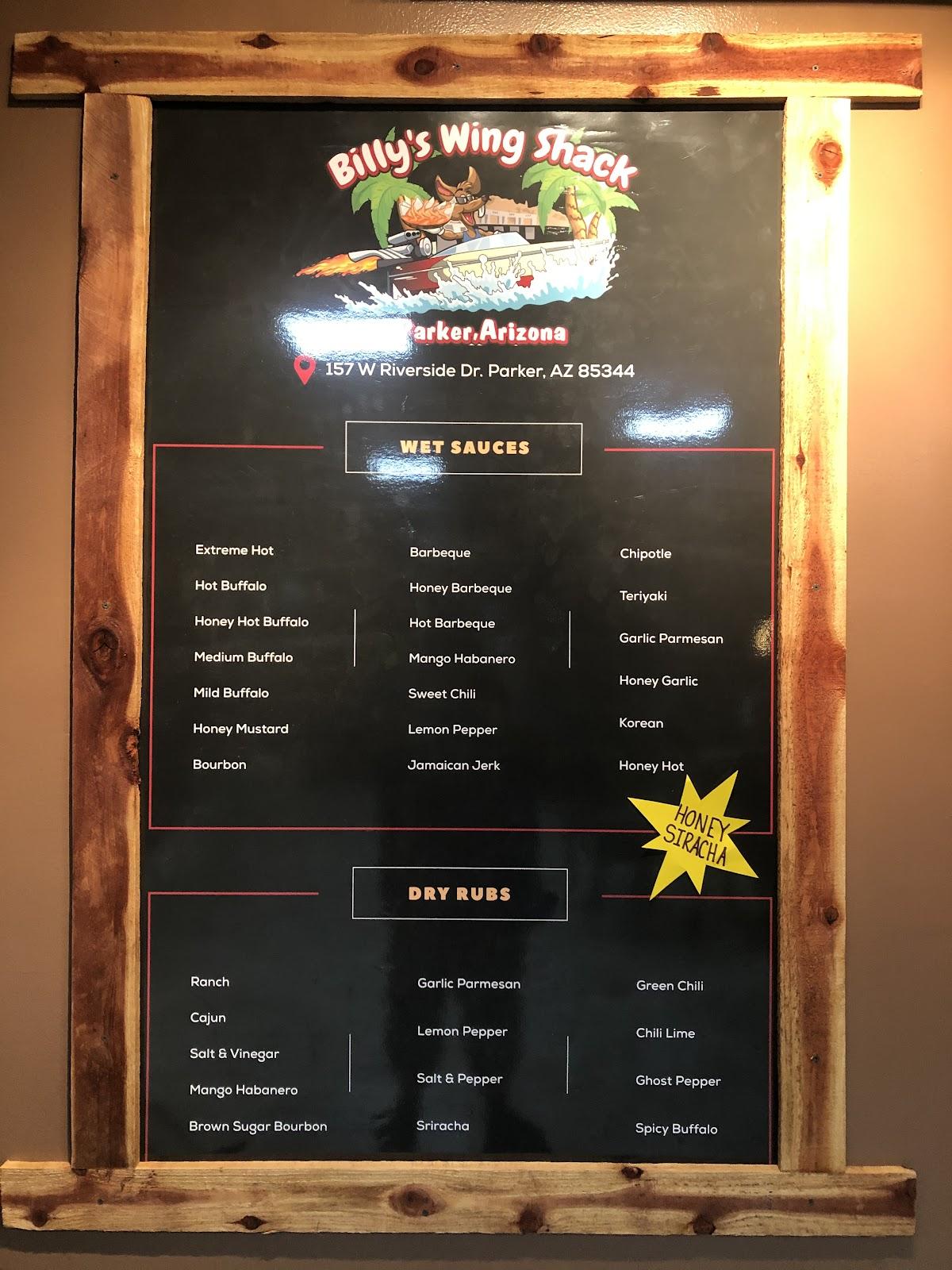 Menu at Billy’s Wing Shack restaurant, Parker