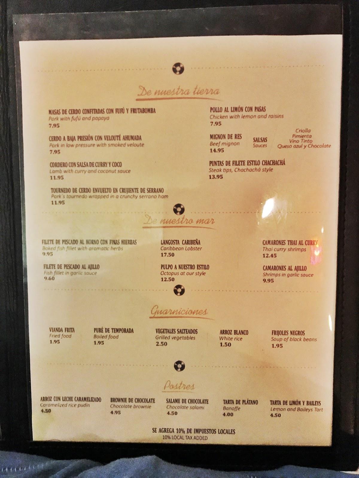 Menu at ChaChaChá Bar-Restaurante, Havana
