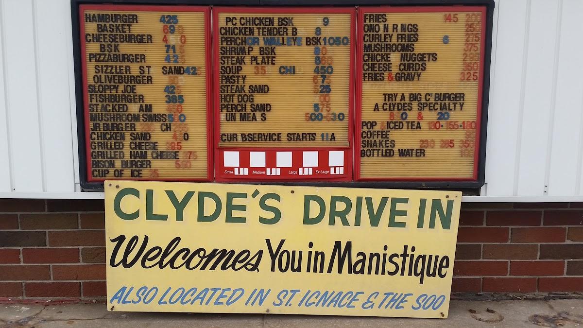Menu at Clyde's Drive-In restaurant, Manistique
