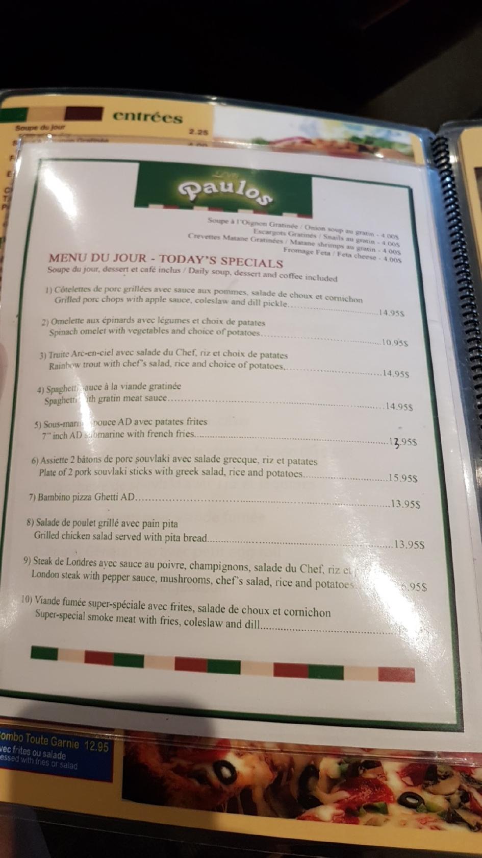 Menu au Deli Paulos restaurant, Montréal
