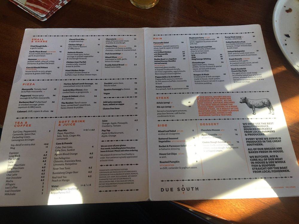 Menu at Due South restaurant, Albany