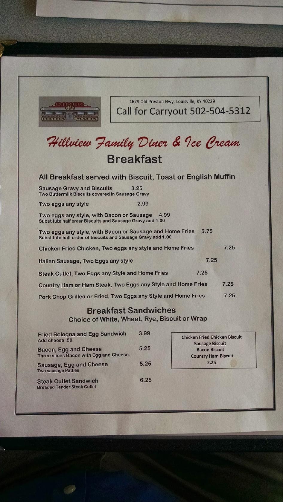 Menu at Hillview Family Diner restaurant, Louisville