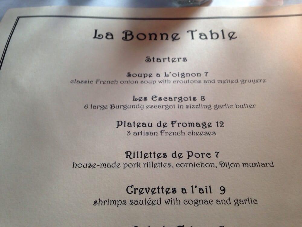 Menu at La Bonne Table restaurant, San Diego