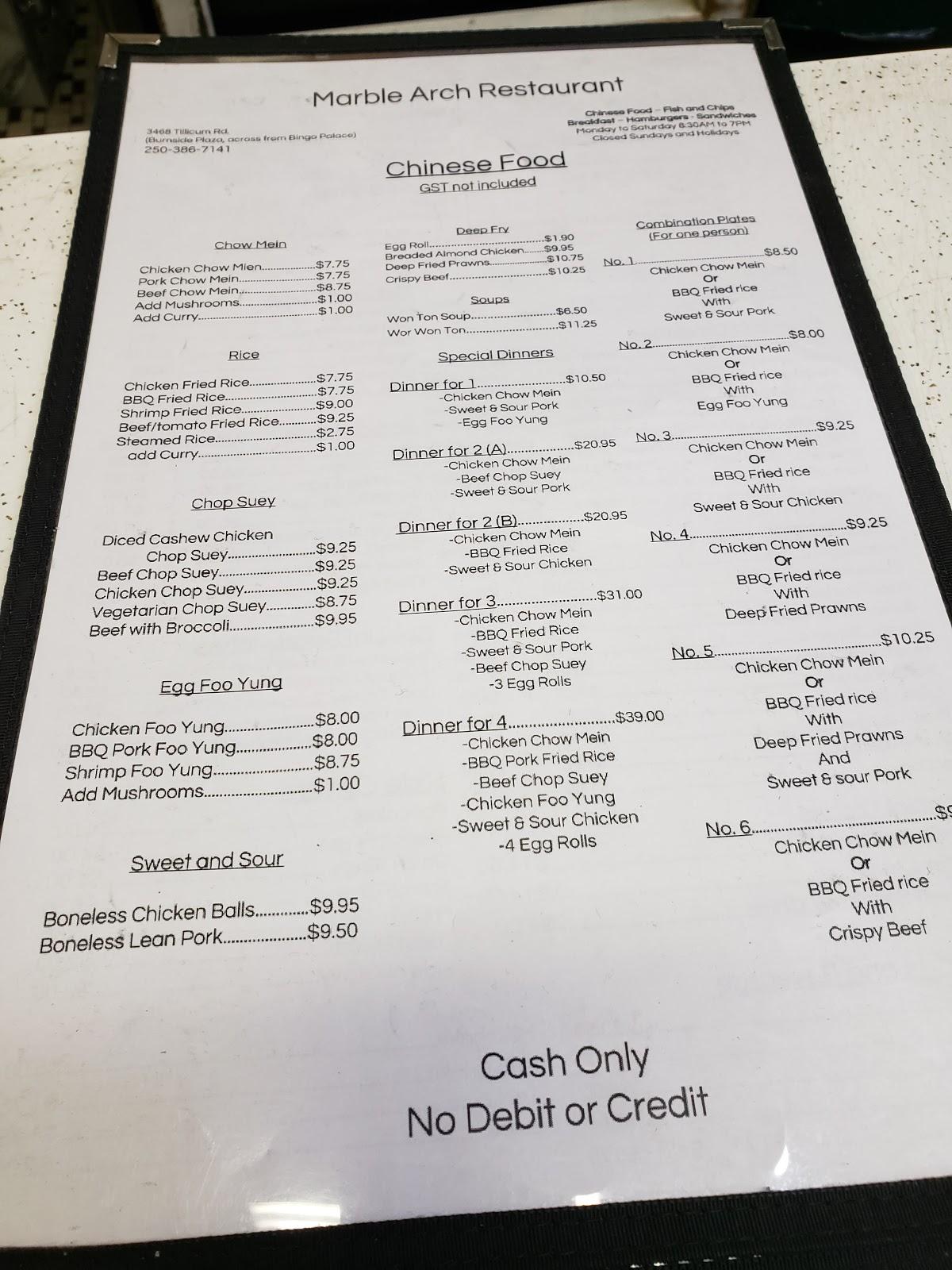 Menu at Marble Arch Fish & Chips restaurant, Victoria