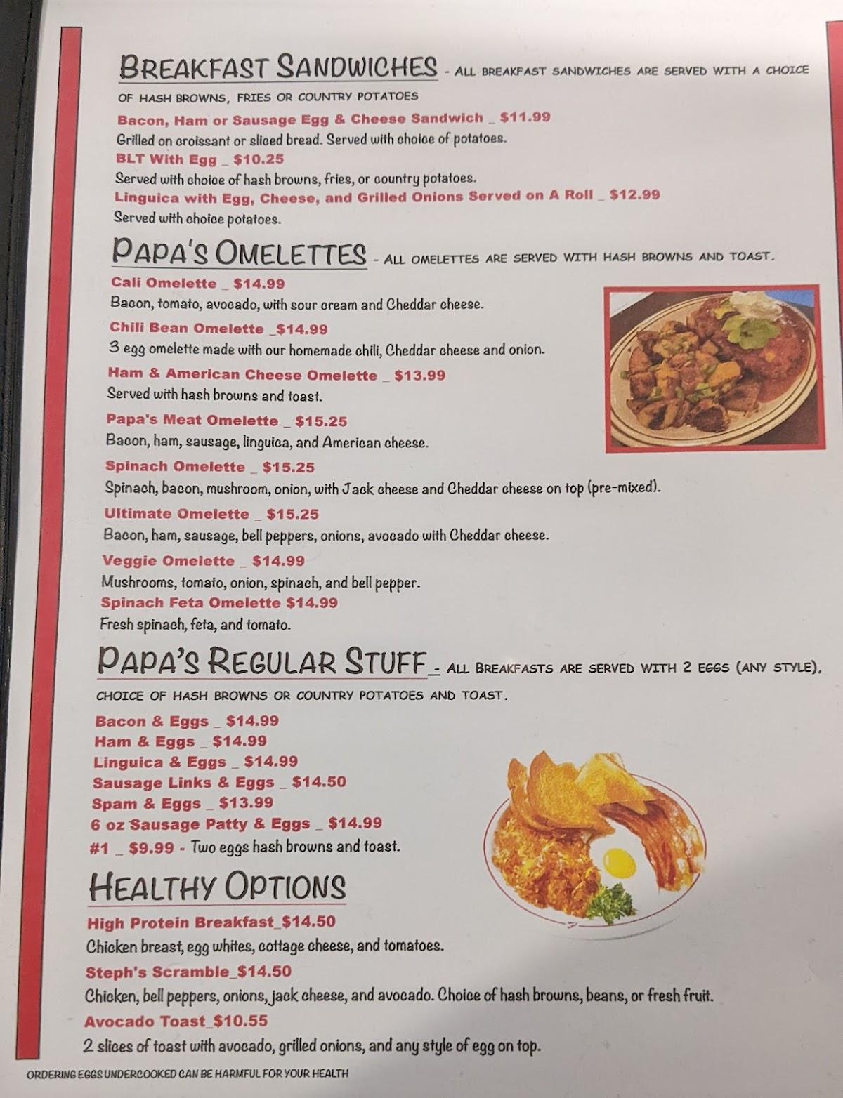 Menu at PAPA'S PLACE restaurant, Morgan Hill
